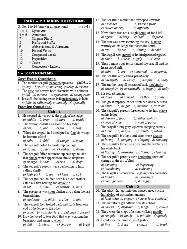 1 Mark Questions Practice for Exams | PDF