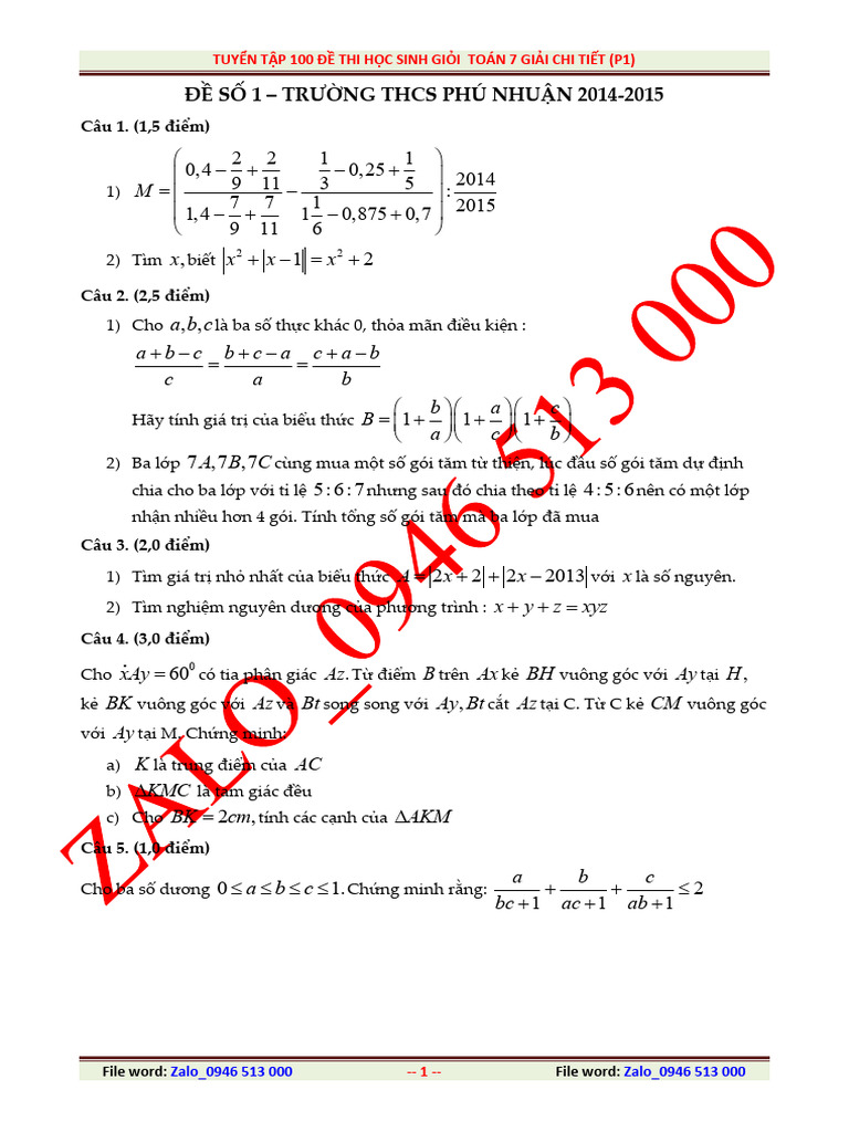 100 Đề Thi Hsg Toán 7 Giải Chi Tiết (p1) | PDF