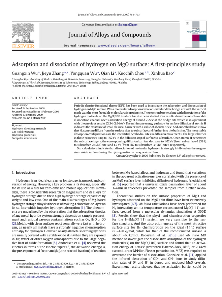 Adsorption and Dissociation of Hydrogen On MgO Surface A ...