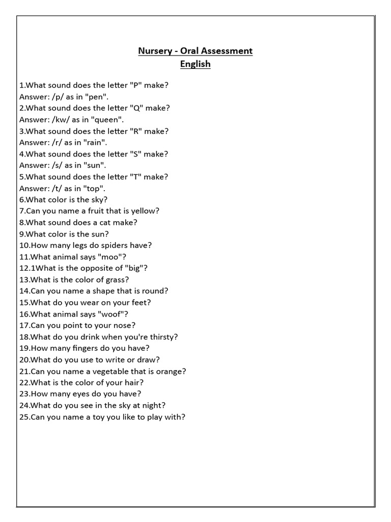 Nursery English Oral Assessment | PDF