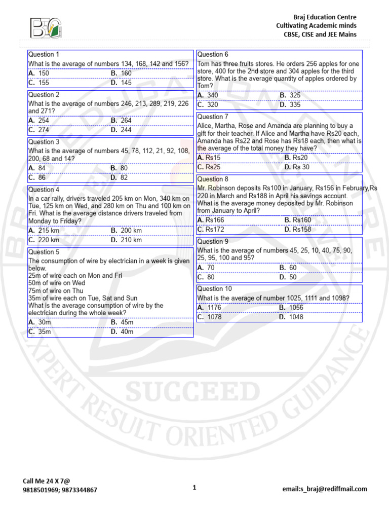 Average Calculation Practice Questions | PDF