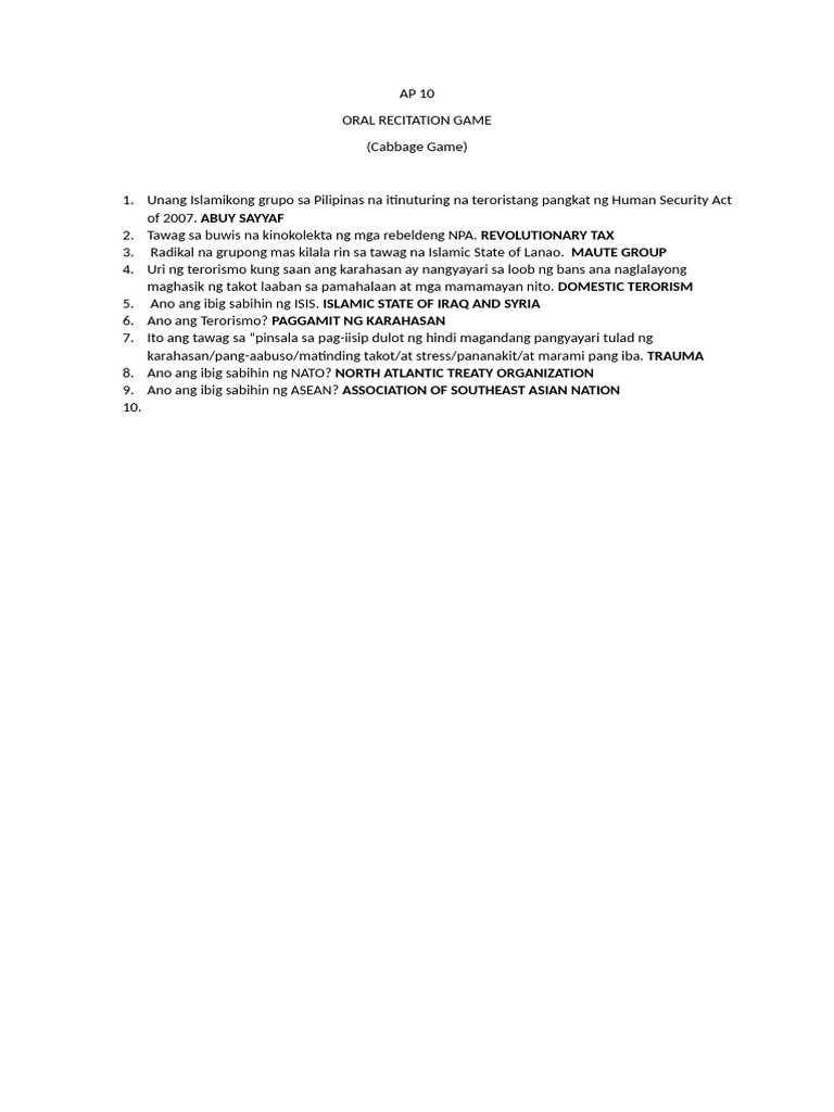 Ap 10 Recitation Game | PDF