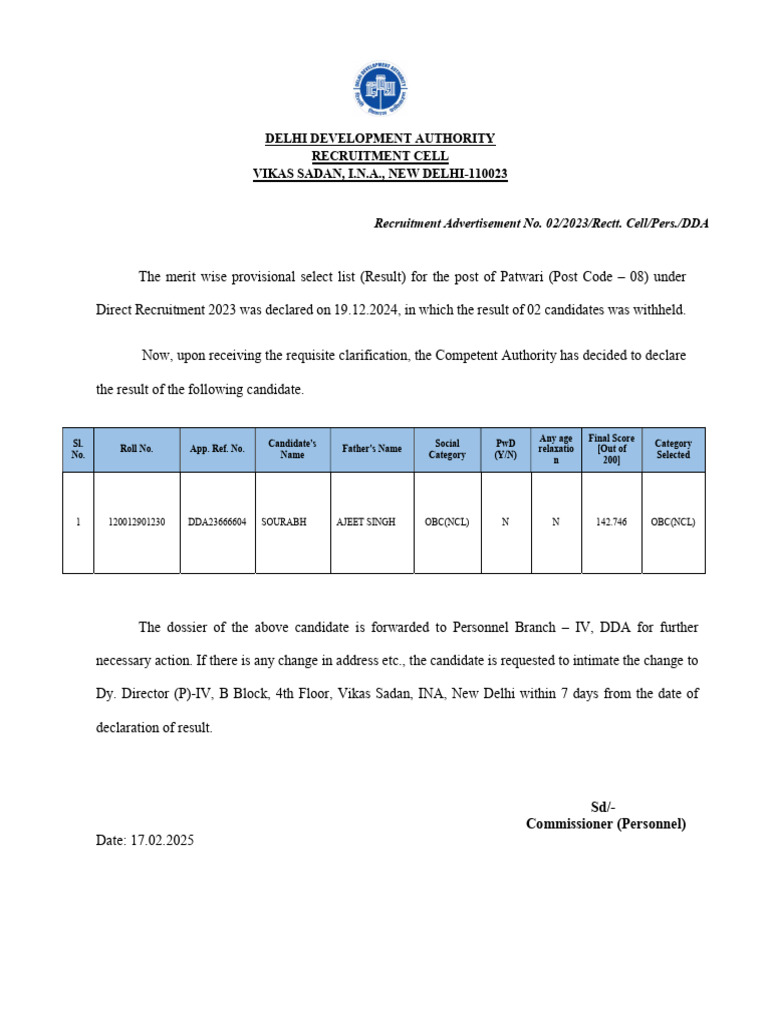 DDA Patwari Result Update 2025 | PDF