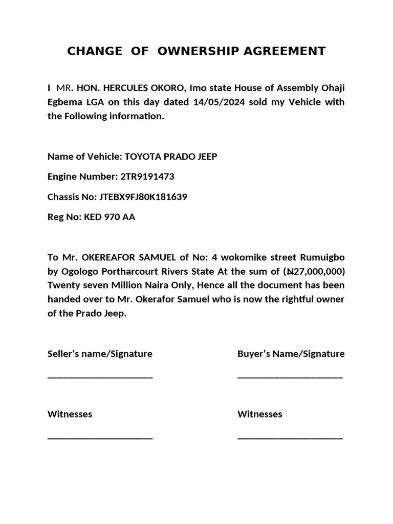 Vehicle Ownership Transfer Agreement | PDF
