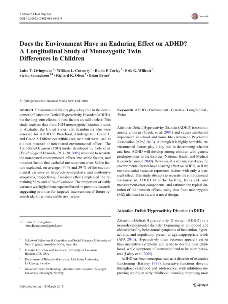 P - Does The Environment Have An Enduring Effect On ADHD | PDF ...