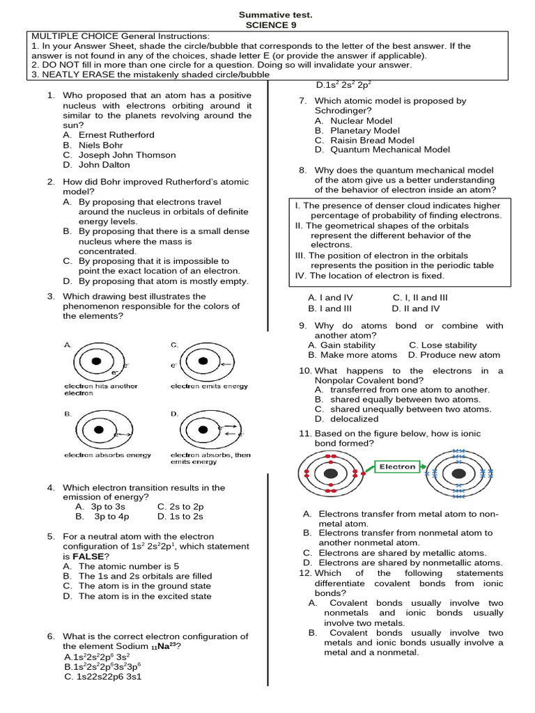 Science 9 Summative Test: Multiple Choice | PDF | Chemical Bond ...