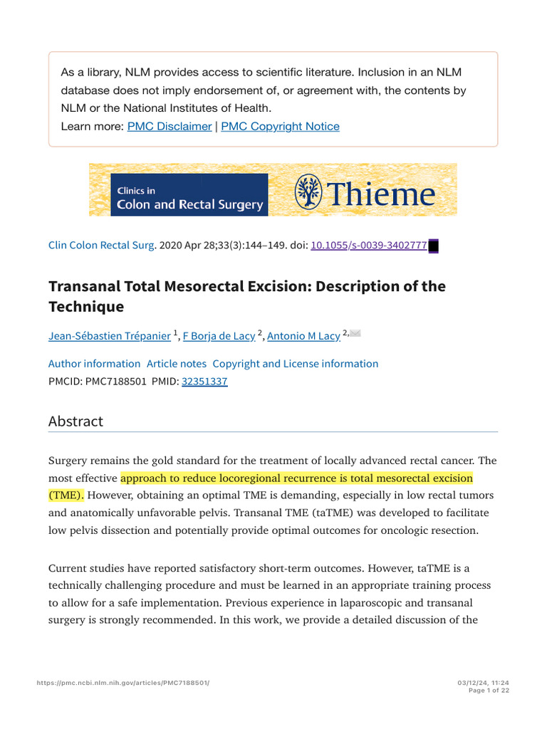 Transanal Total Mesorectal Excision- Description of the Technique - PMC ...