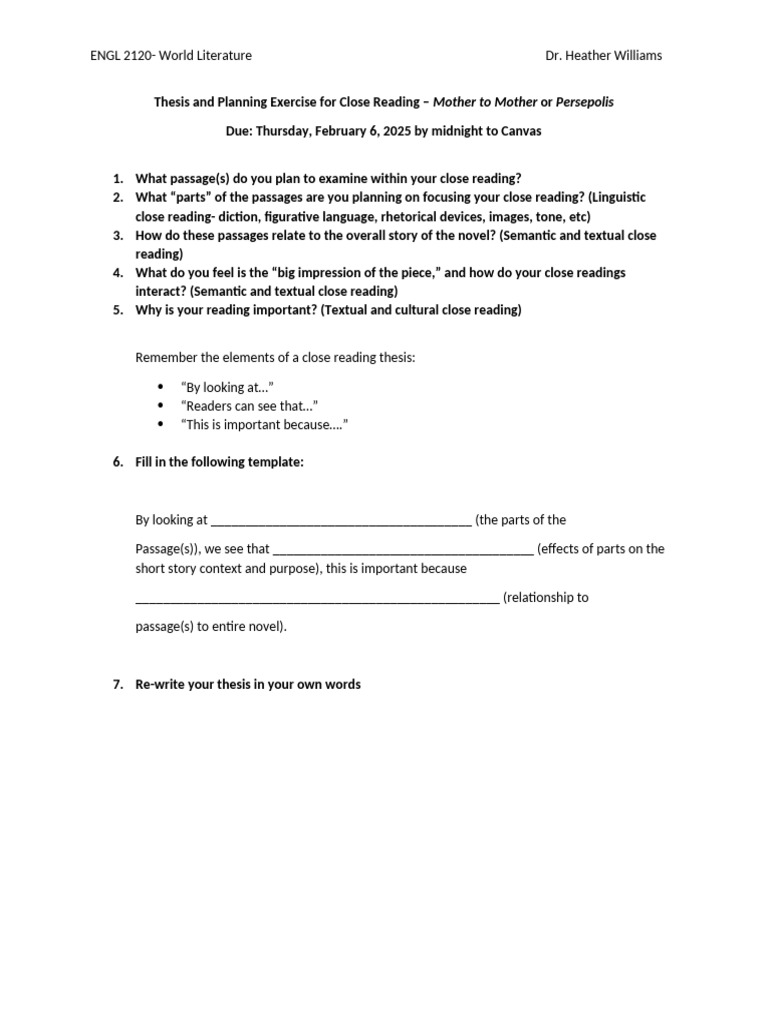 Thesis and Planning Exercise For Close Reading Feb 6 | PDF