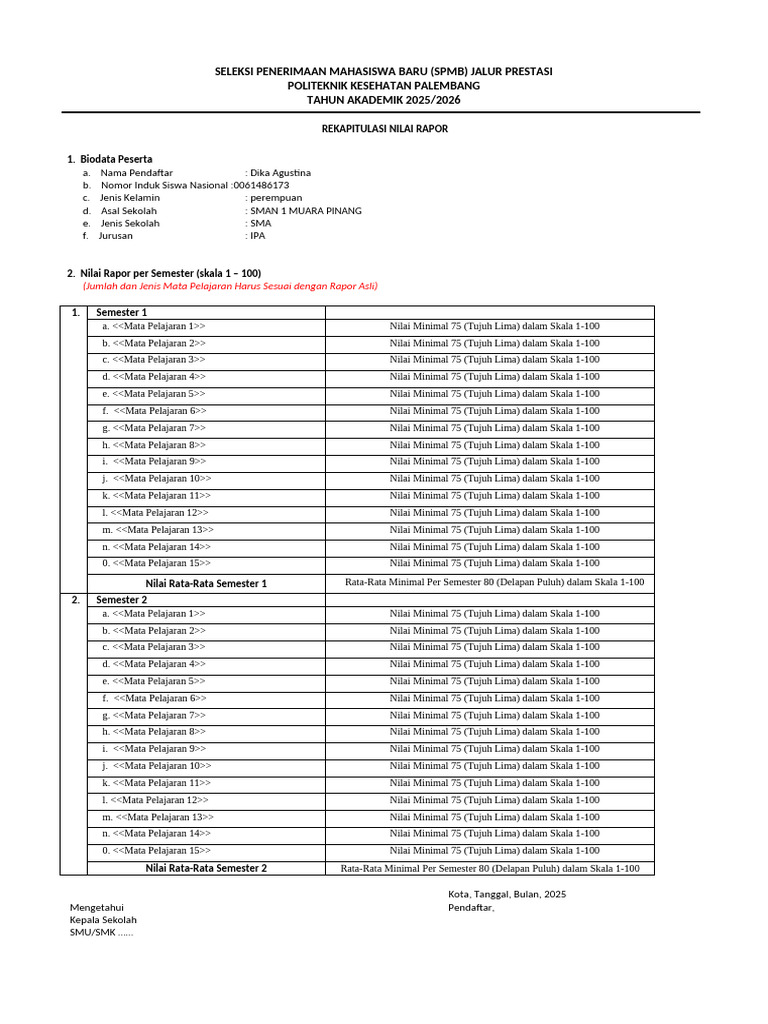 Template Rekap Nilai Rapor Jalur Prestasi | PDF