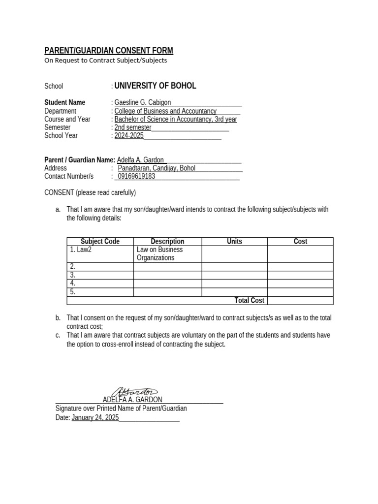 Parent Consent Form Contract 4 | PDF
