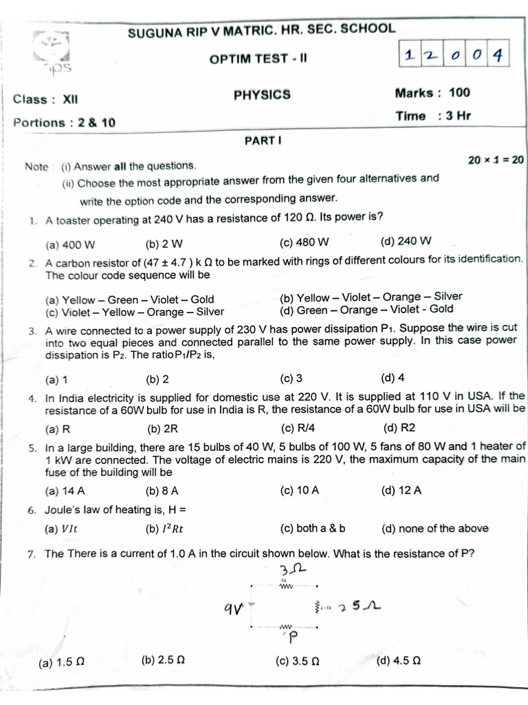 Physics Unit 2&10 Question Paper | PDF