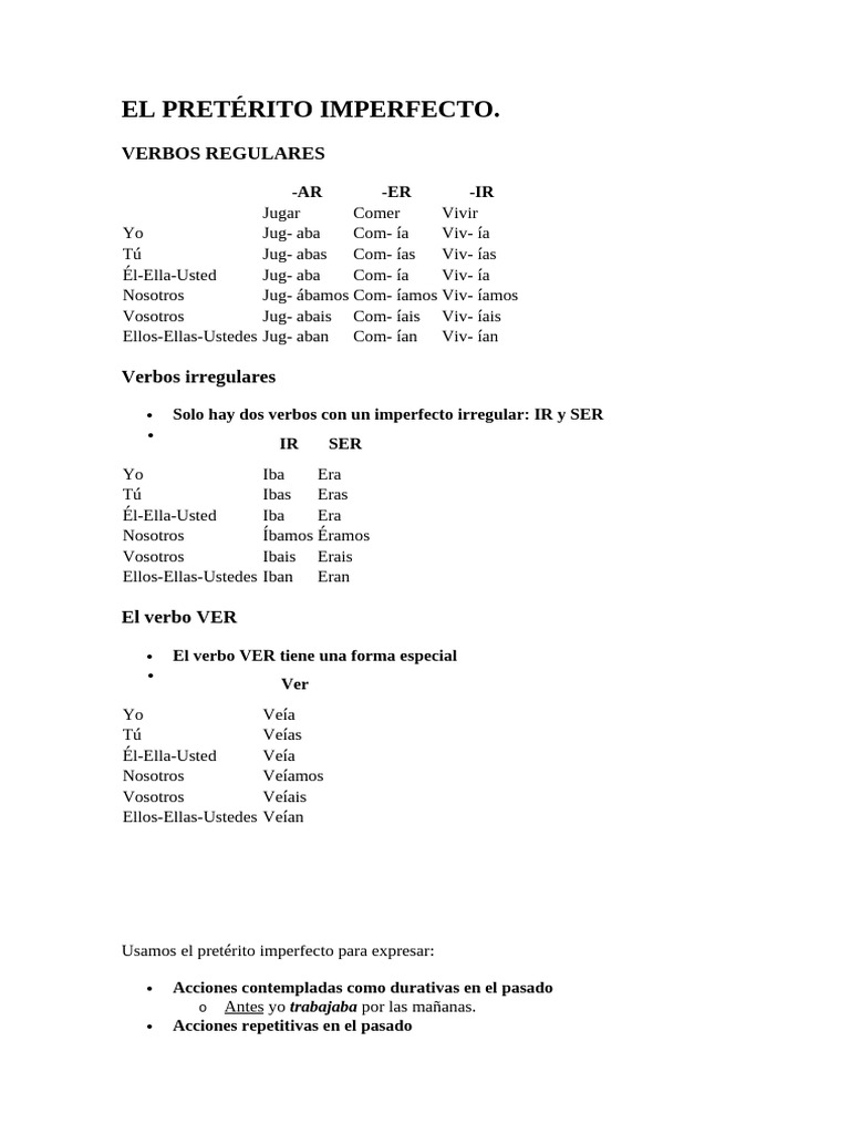 EL PRETÉRITO IMPERFECTO ESPAÑOL | PDF
