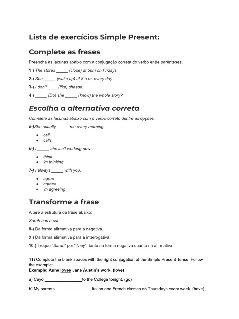 Lista de Exercícios Simple Present | PDF