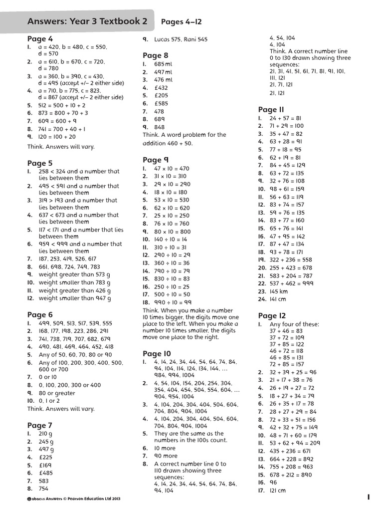 Year 3 Math Answers: Pages 4-28 | PDF