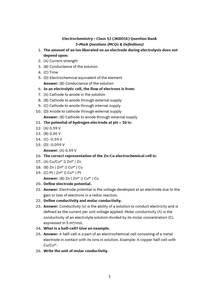 Class 12 Electrochemistry Question Bank | PDF | Electrochemistry | Anode