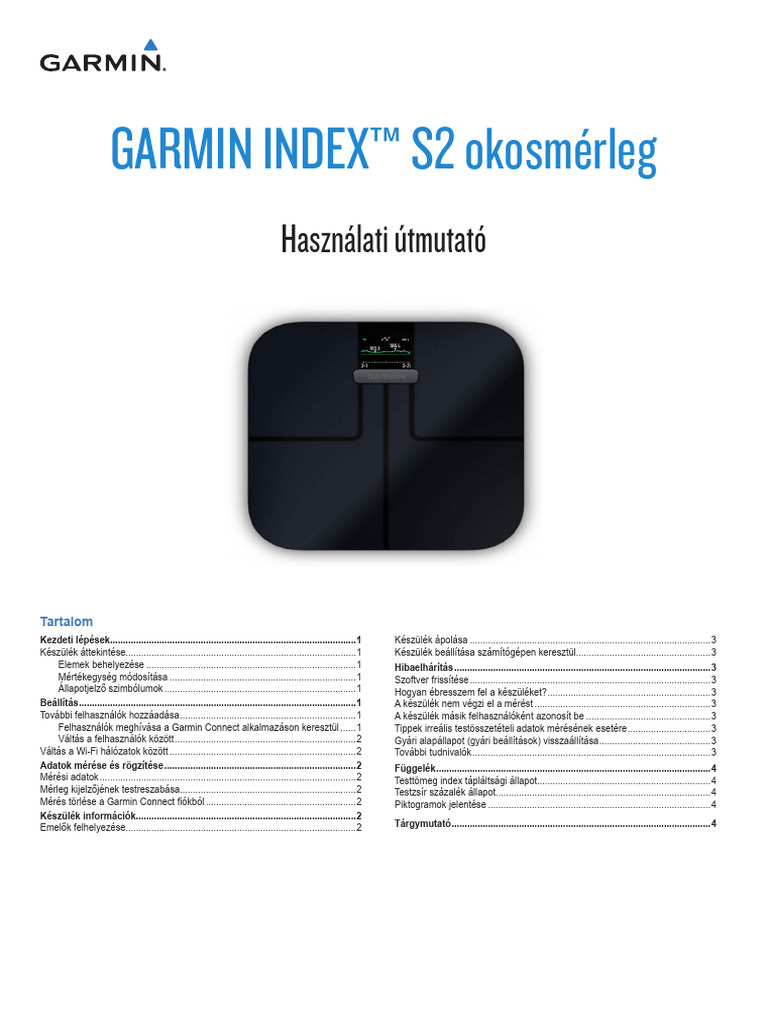 Garmin Index S2 Okosmérleg - Testösszetétel Méréshez | PDF