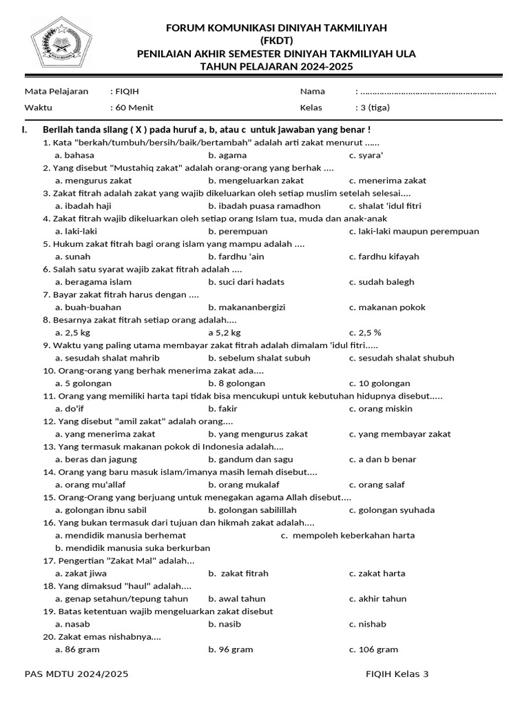 Soal Fiqih Kelas 3 MDTU | PDF