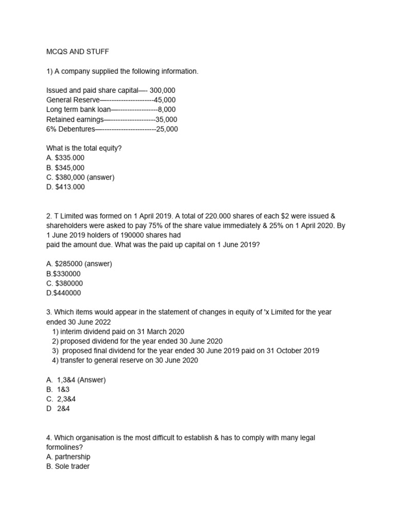 Equity and Financial Concepts MCQs | PDF | Dividend | Equity (Finance)