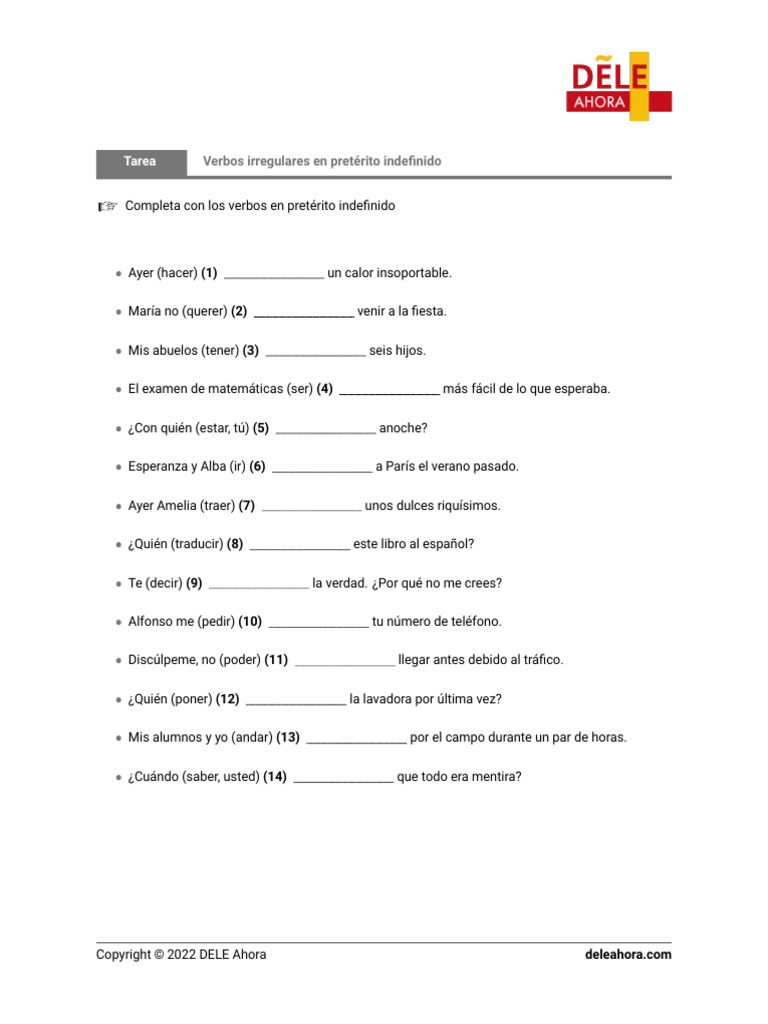 Verbos irregulares en pretérito indefinido - Español A2 | PDF