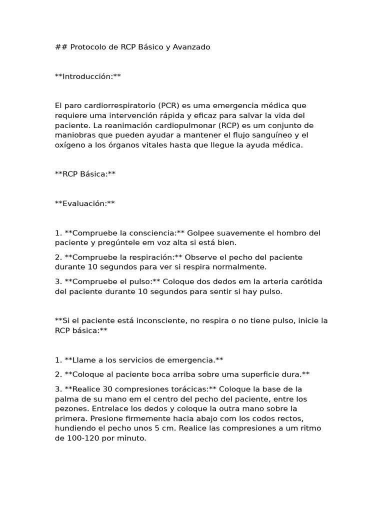 Protocolo RCP | PDF | Reanimación cardiopulmonar | Medicina Interna