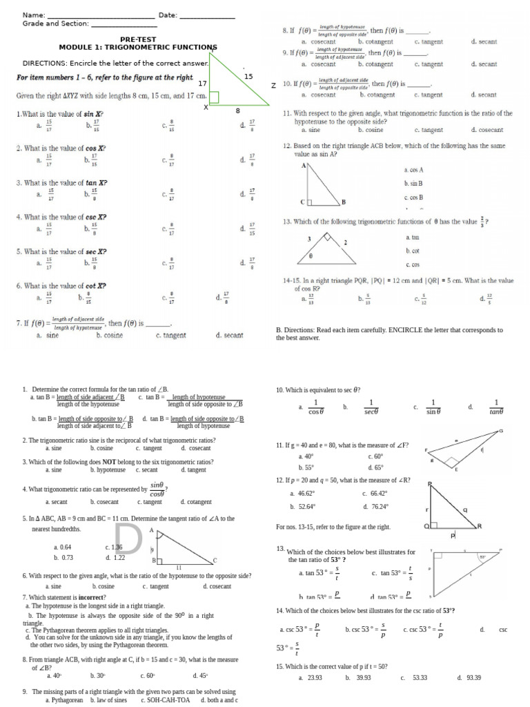 Quiz No. 1 Trigonometric Ratios | PDF | Trigonometric Functions | Trigonometry
