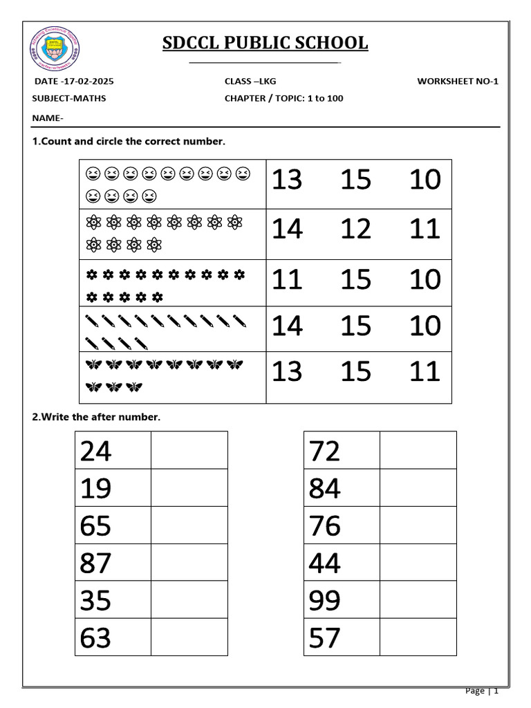 LKG Maths Worksheet: Numbers 1-100 | PDF