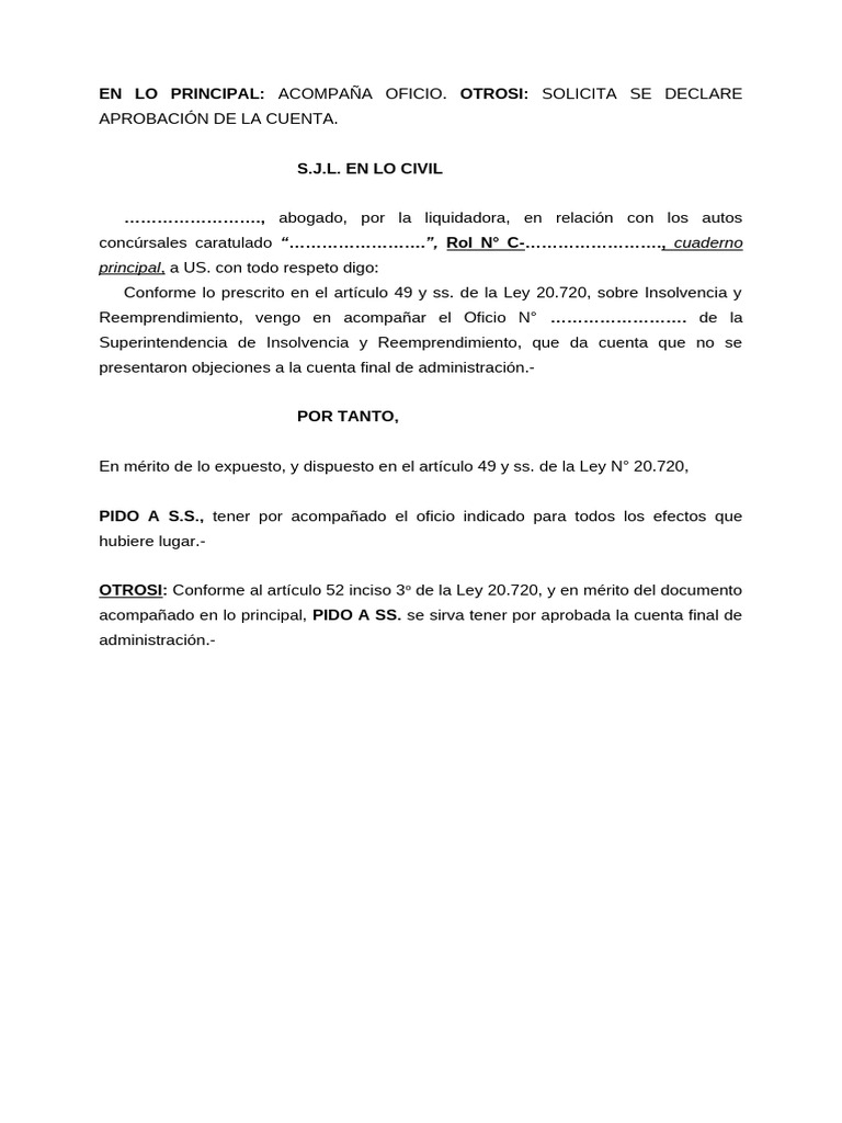 Acompaña Oficio y Solicita Aprobación de Cuenta | PDF