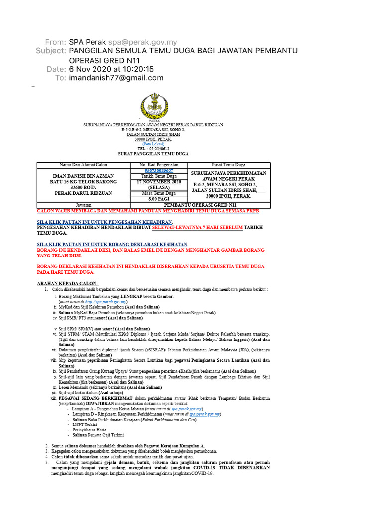 Panggilan Semula Temu Duga Bagi Jawatan Pembantu Operasi Gred n11 | PDF