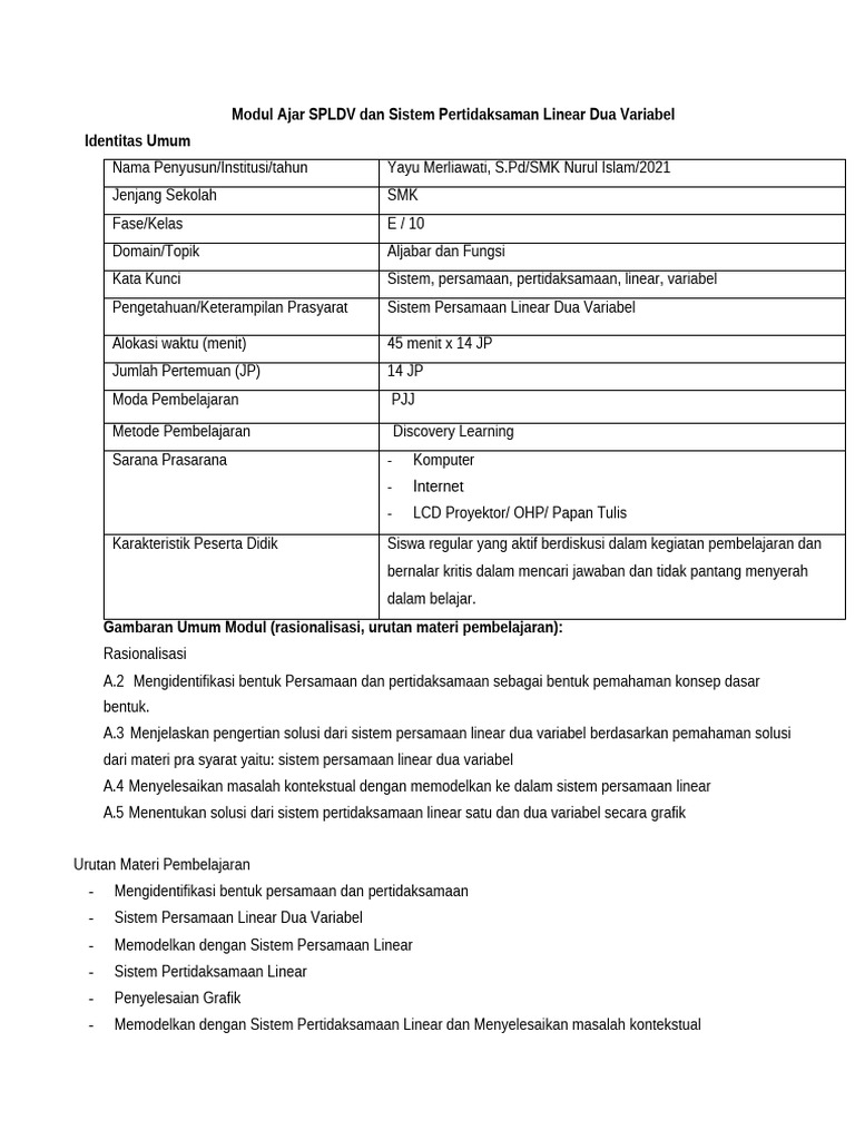 Modul Ajar SPLTV Aljabar Dan Fungsi | PDF