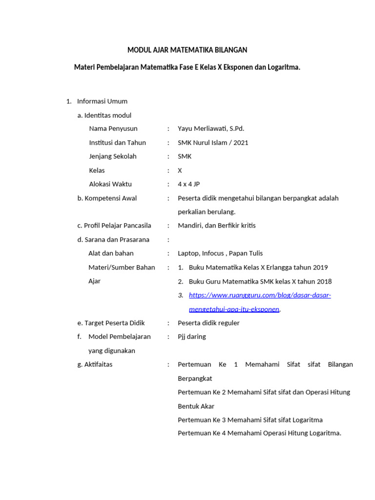 Modul Ajar Eksponen Dan Logaritma | PDF