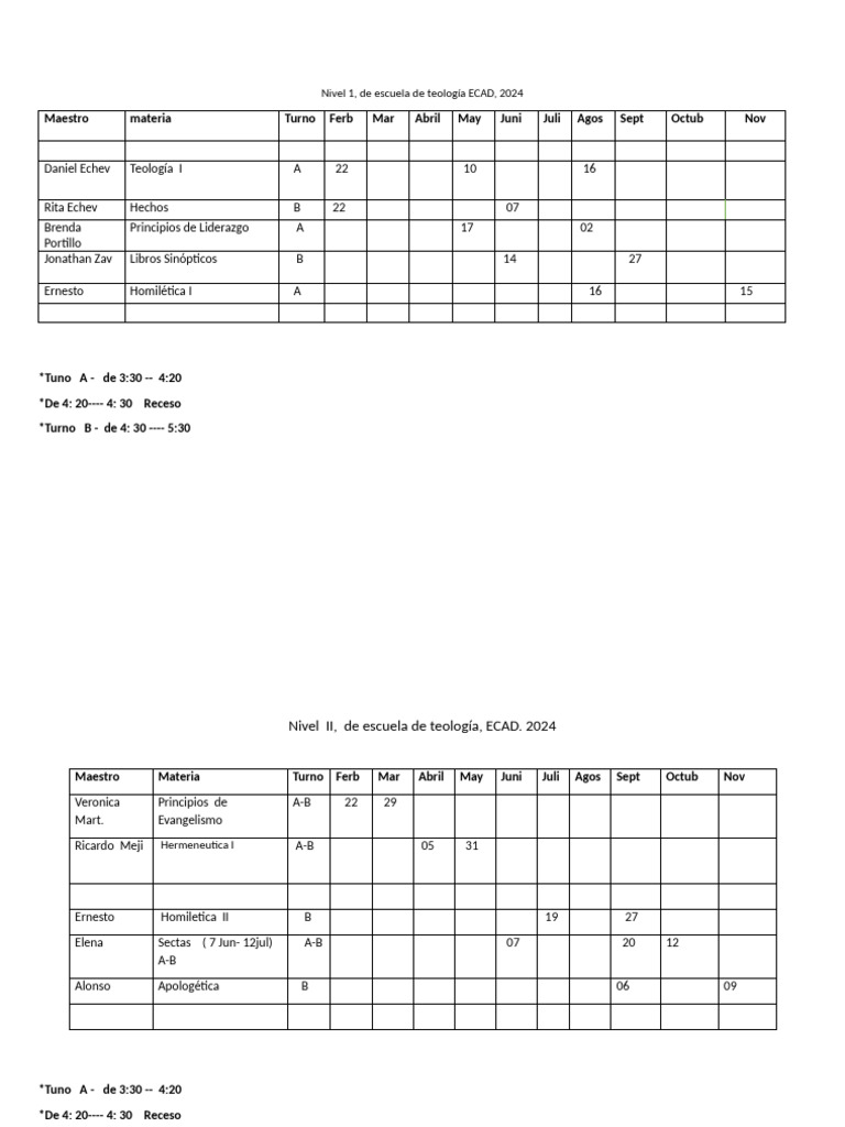 Horarios y Distibucion de Materias, de Escuela de Teología ECAD | PDF