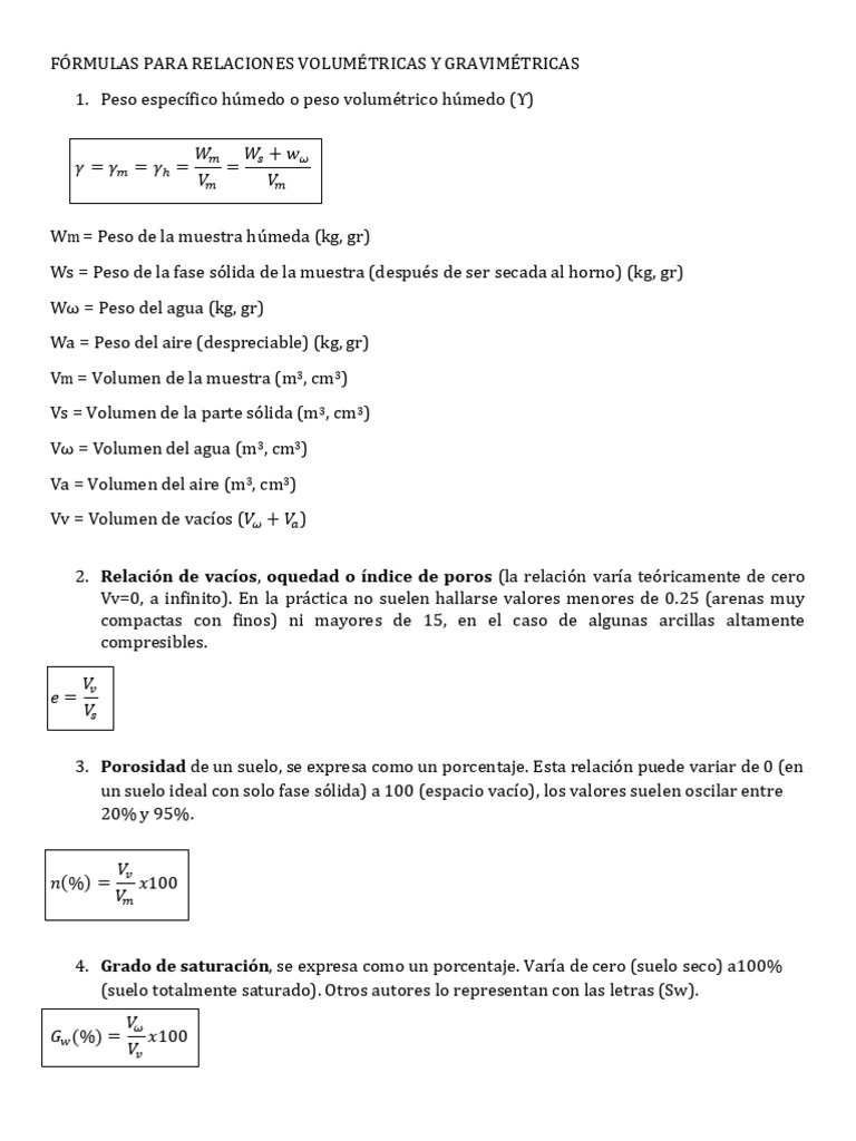 FÃ Rmulas para Relaciones Volumã©tricas y Gravimã©tricas | PDF | Gases | Mecánica de Medios ...
