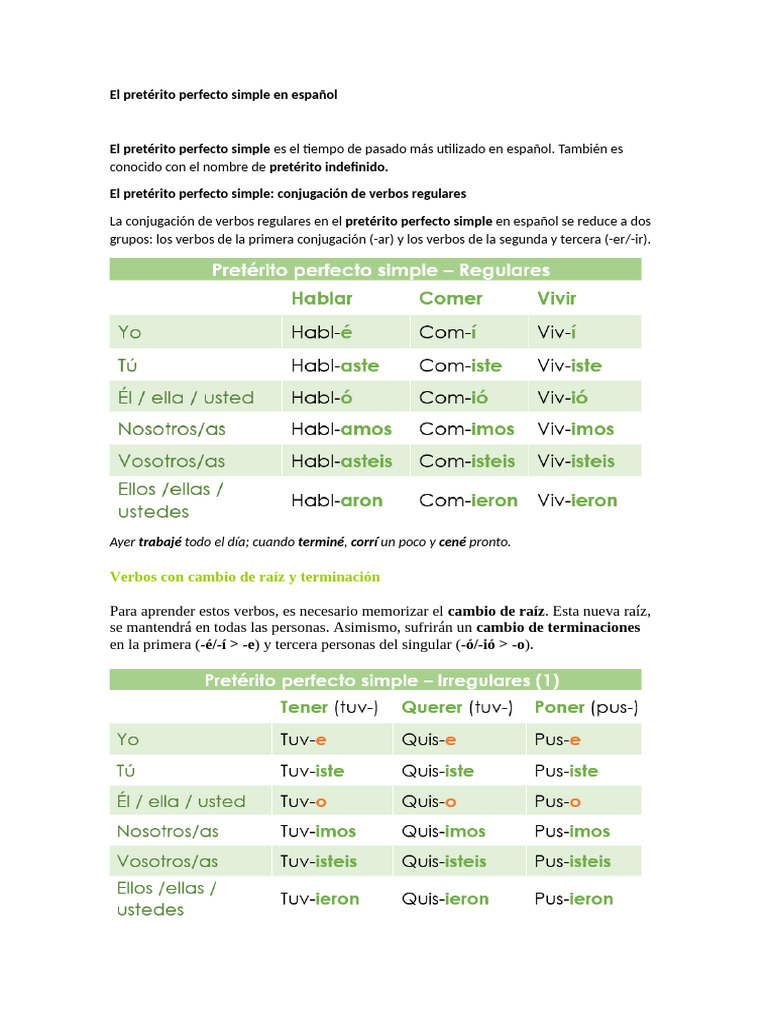 Conjugación del Pretérito Simple Español | PDF | Verbo | Mecánica del ...