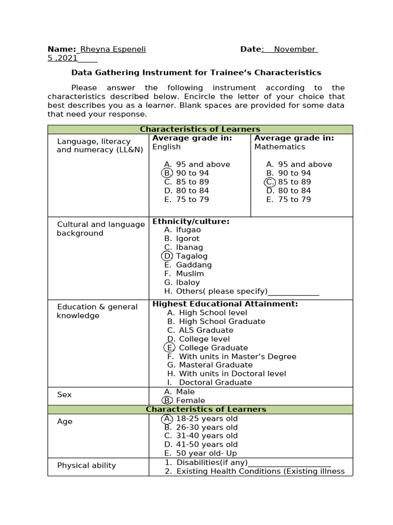 MAP Data Gathering Instrument For Trainees Characteristics | PDF ...