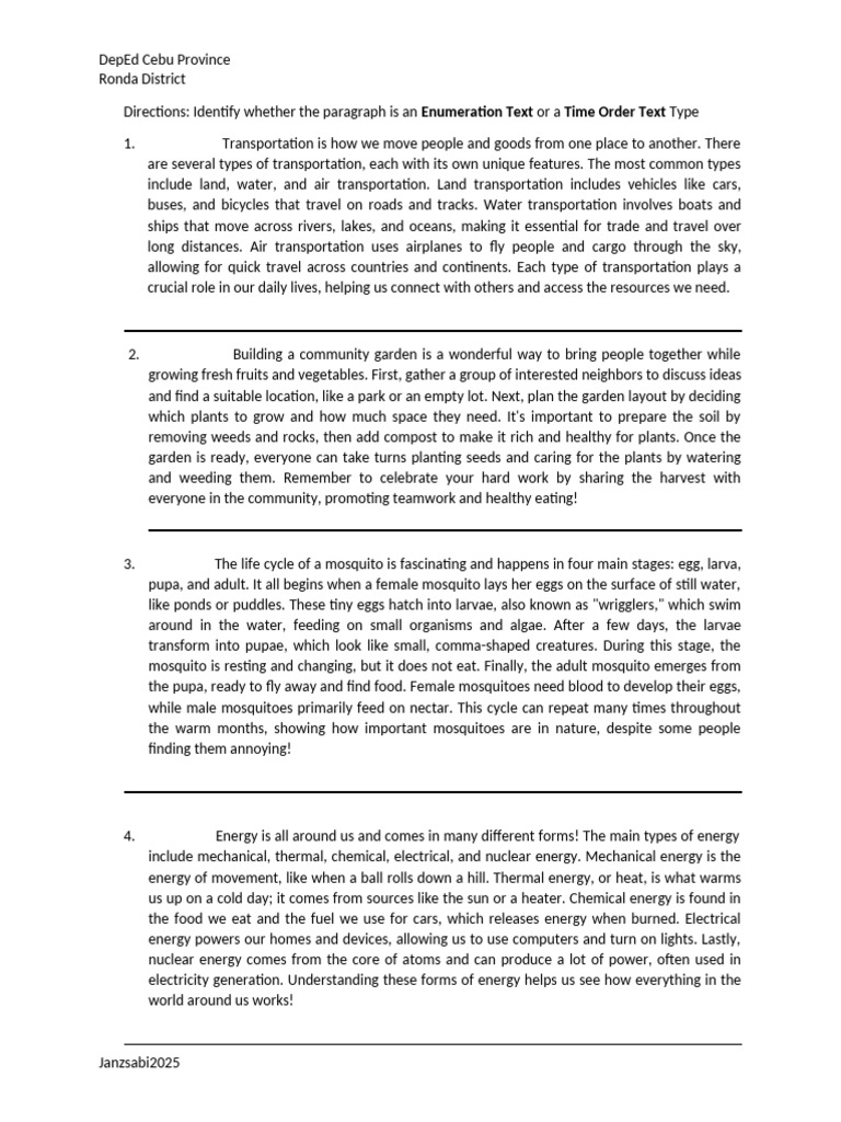 Enumeration And Time Order Text Types Pdf Mosquito