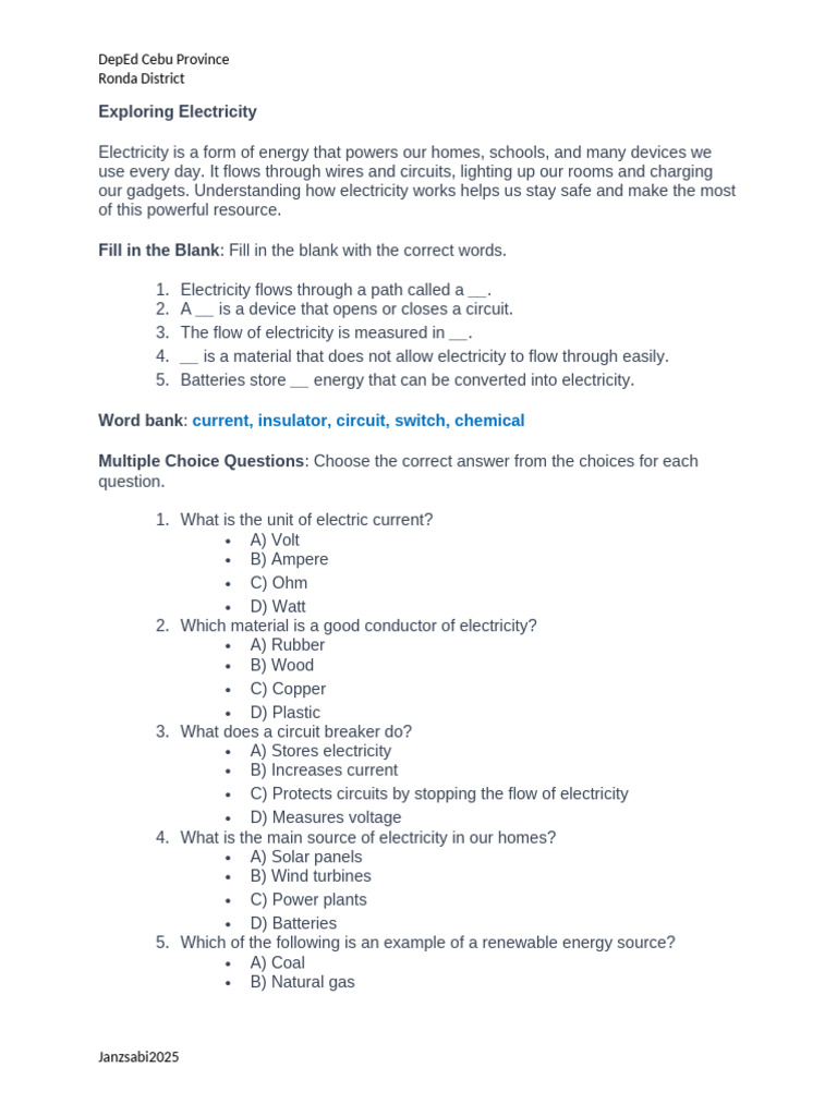 Quiz on Electricity Concepts | PDF | Electricity | Electromagnetism