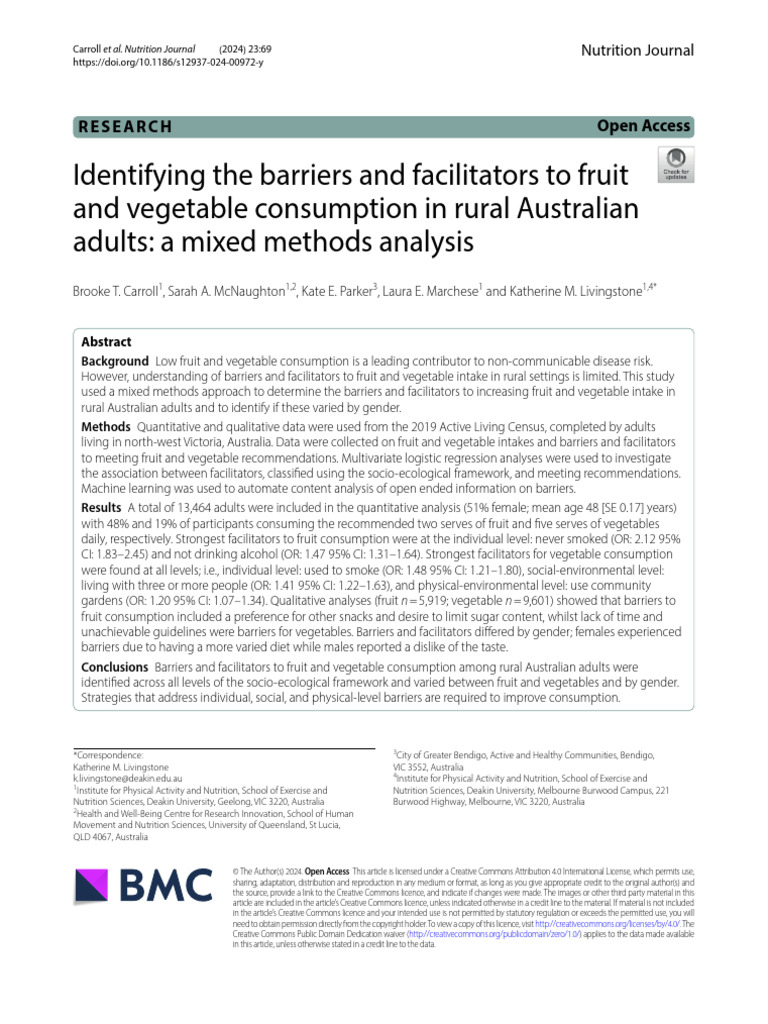 Identifying The Barriers and Facilitators To Fruit and Vegetable ...