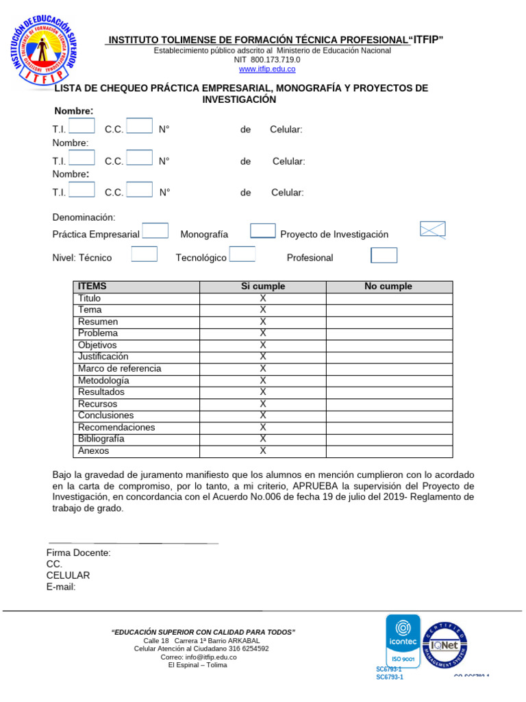 Lista de Chequeo para Proyectos ITFIP | PDF | Aprendizaje