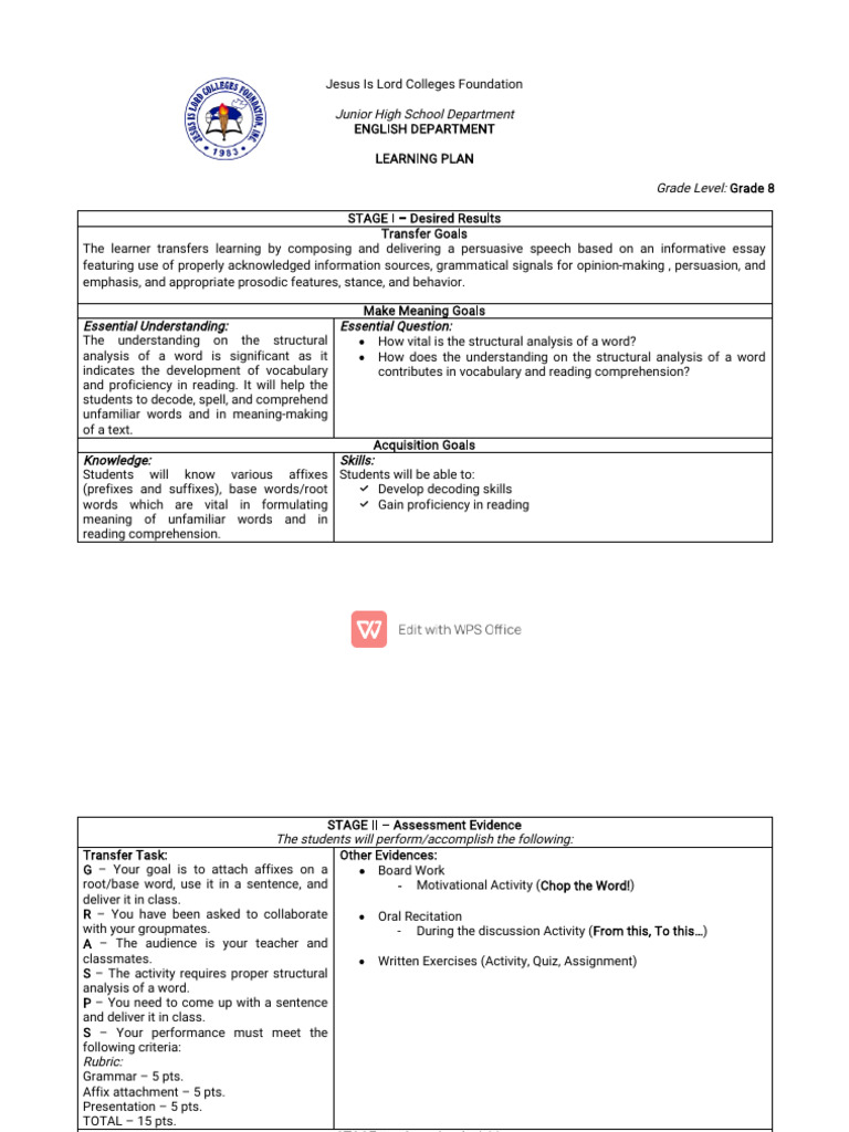 EL121 - UbD LP (Centillo, Taghap, Dacanay) | PDF | Reading Comprehension | Word