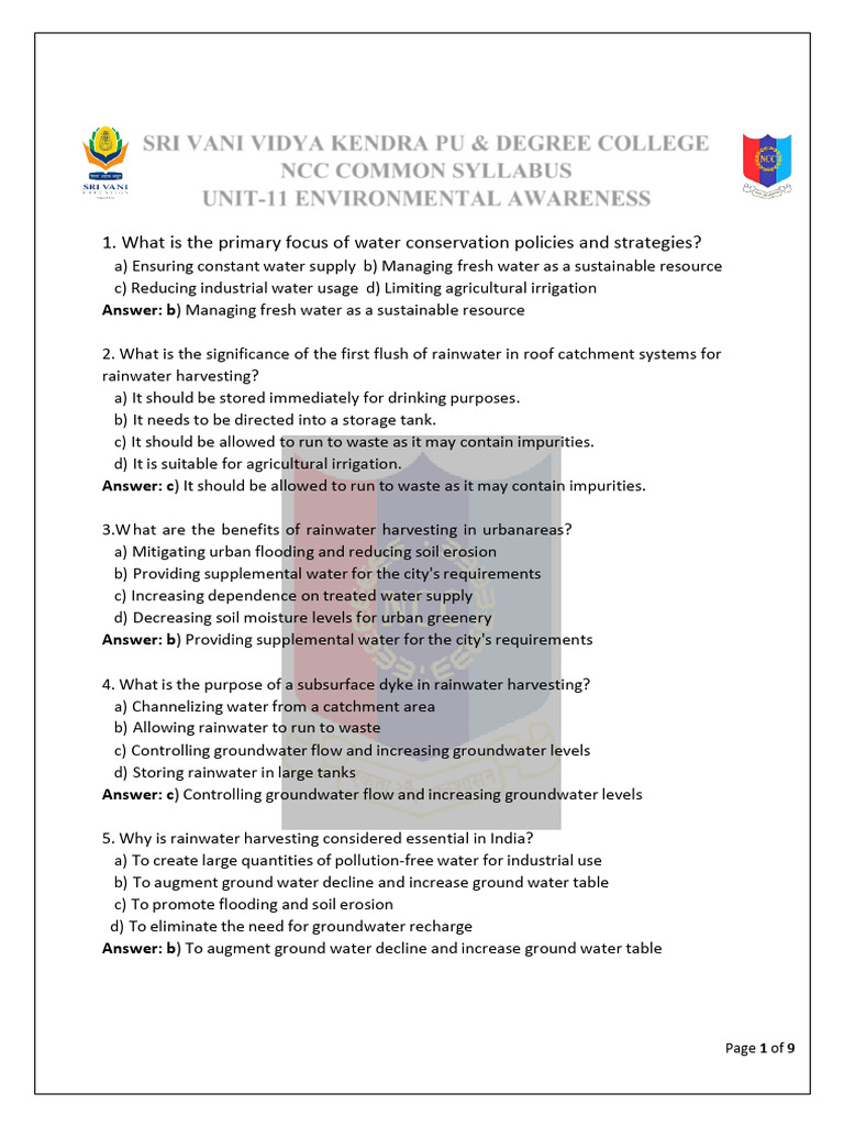 NCC CS UNIT-11 MCQ | PDF | Water Conservation | Groundwater