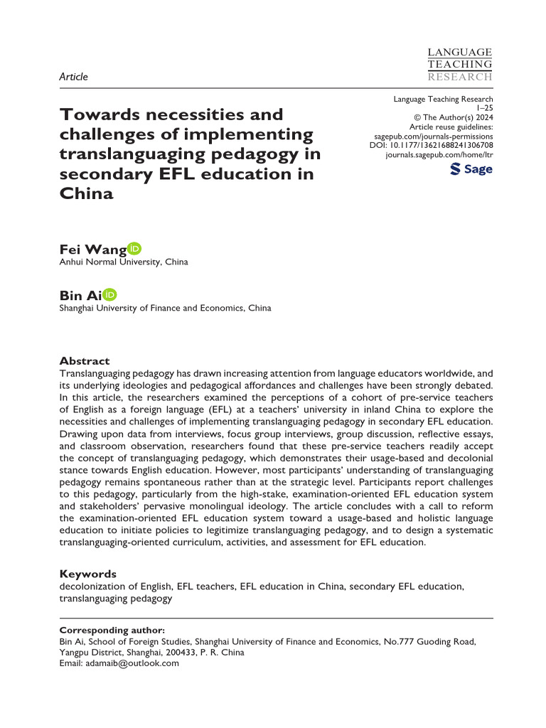 Translanguaging in Chinese EFL | PDF | Second Language | English As A ...