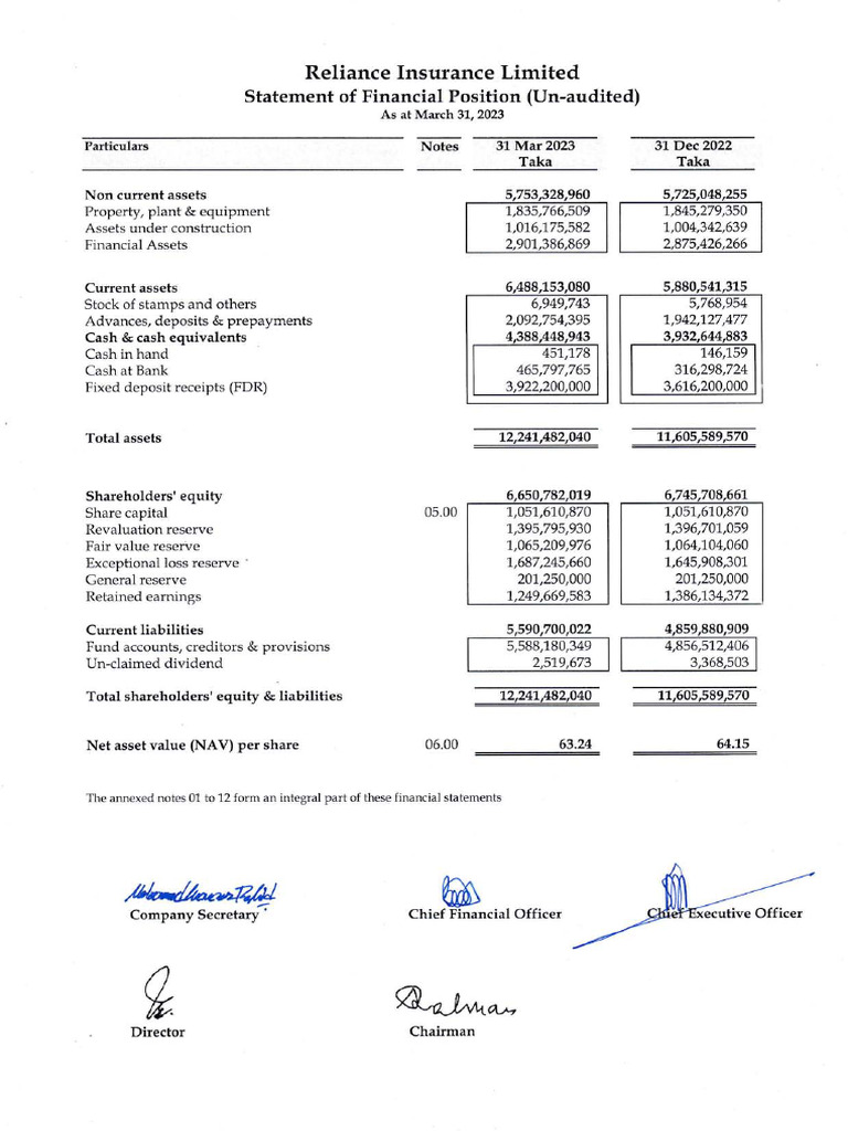 1st Quarter Financial StatementsMarch 31, 2023 of Reliance Insurance ...
