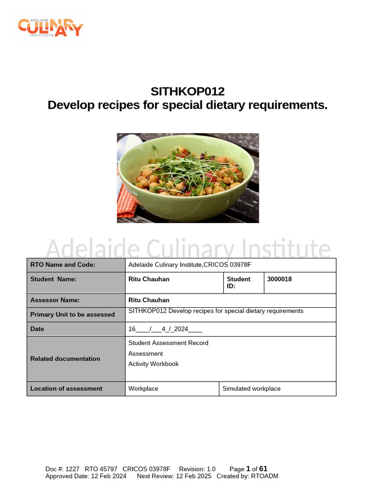 Activity Workbook SITHKOP012 Develop Recipes For Special Dietary Requirements | PDF | Menu | Pasta