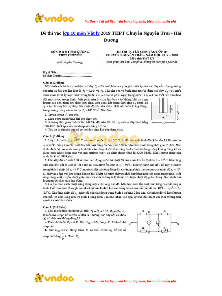 De Thi Vao Lop 10 Mon Vat Ly 2019 THPT Chuyen Nguyen Trai Hai Duong | PDF