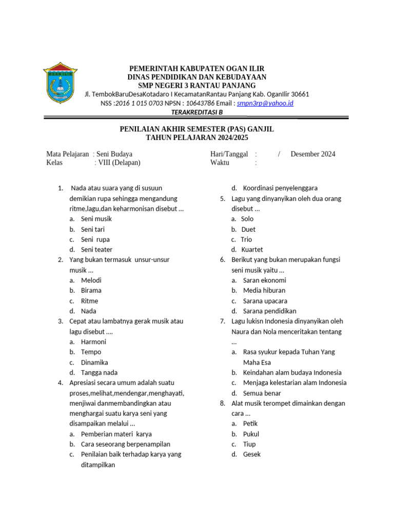 Soal Ujian Seni Budaya Kelas 8 Semester Ganjil | PDF