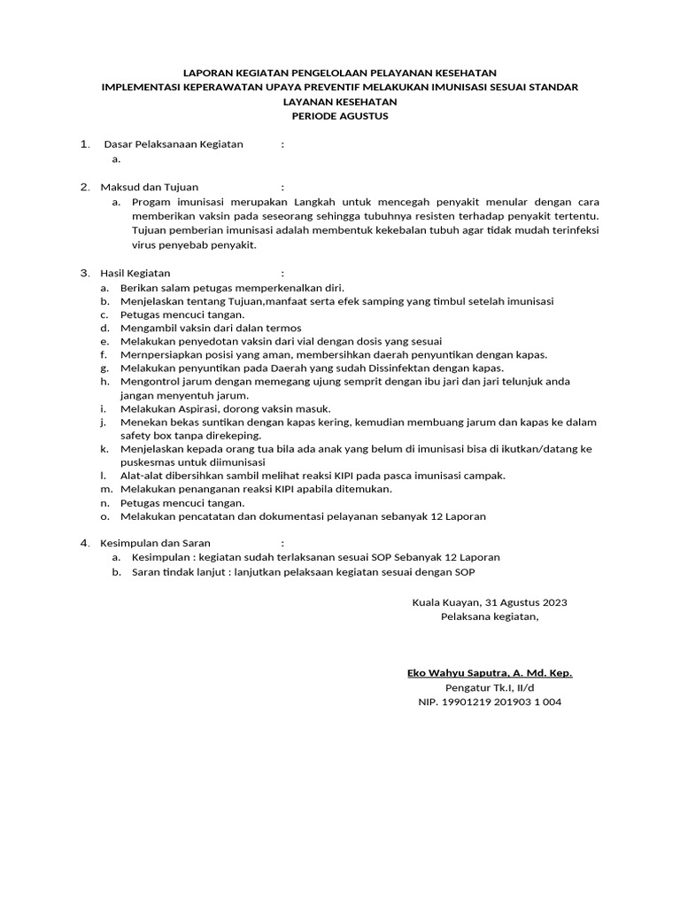 Laporan Kegiatan Ekin Implementasi Imunisasi | PDF