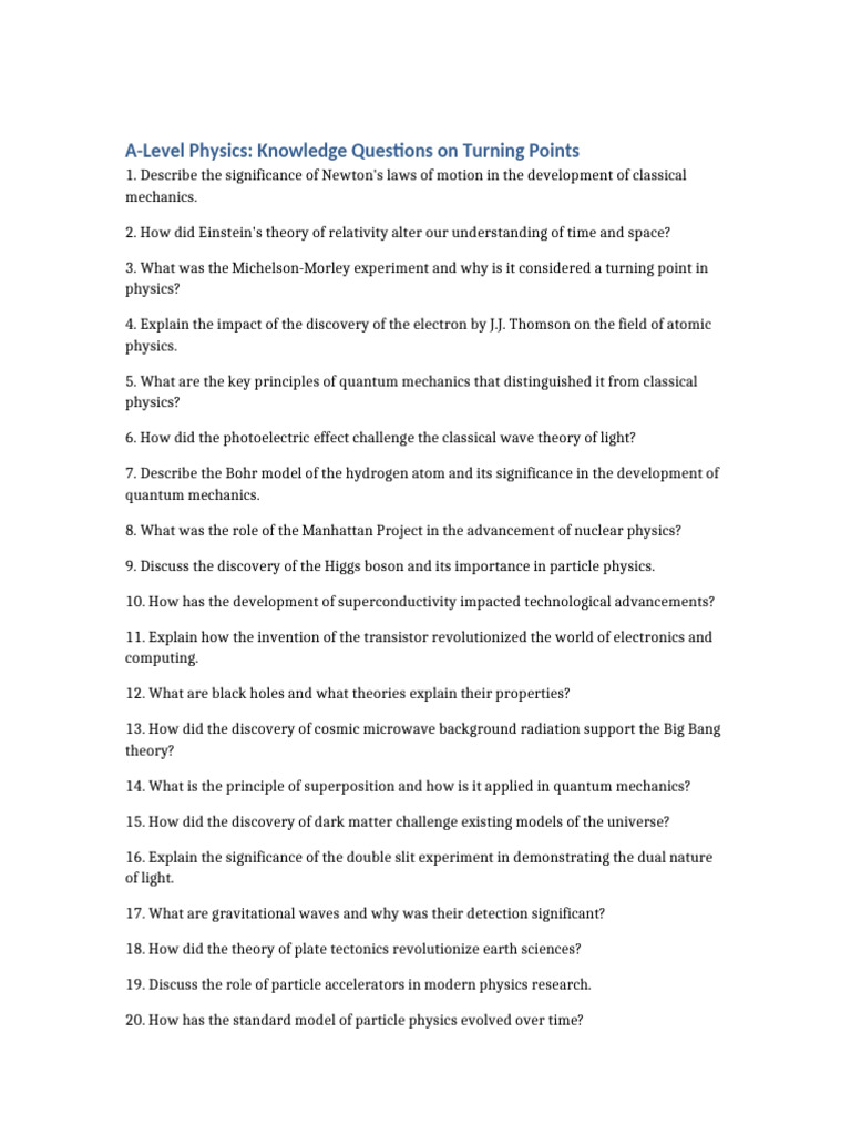 A Level Physics Turning Points Knowledge Questions | PDF