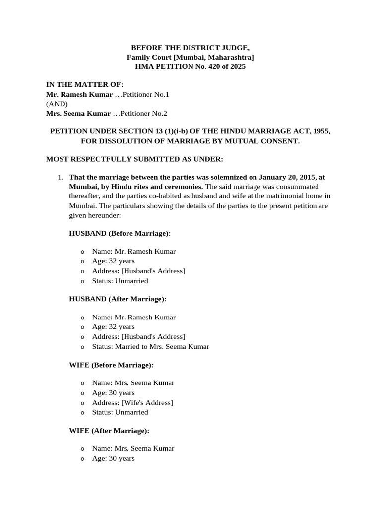 Divorce Petition Draft | PDF | Divorce | Marriage