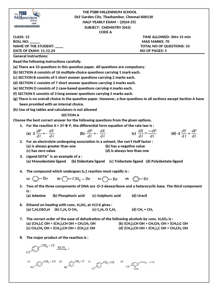 Chemistry Class 12 Hy QP - Code A | PDF | Acid | Ligand