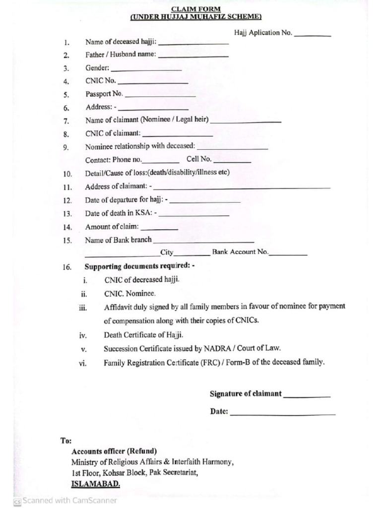 Claim Form Hajj Muhaifz | PDF